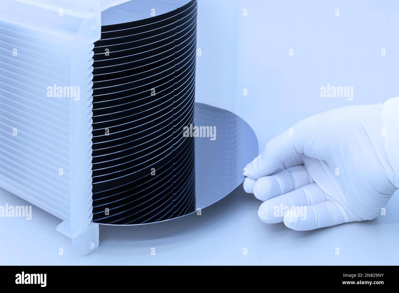 A batch of silicon wafers packed in a plastic storage box in the clean ...