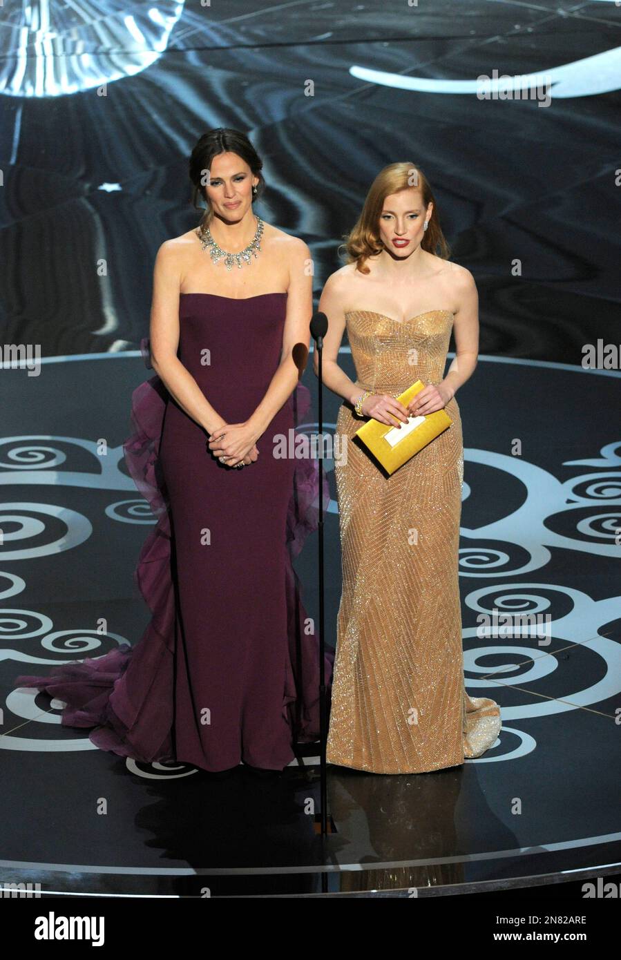 Jennifer Garner, left, and Jessica Chastain during the Oscars at the ...