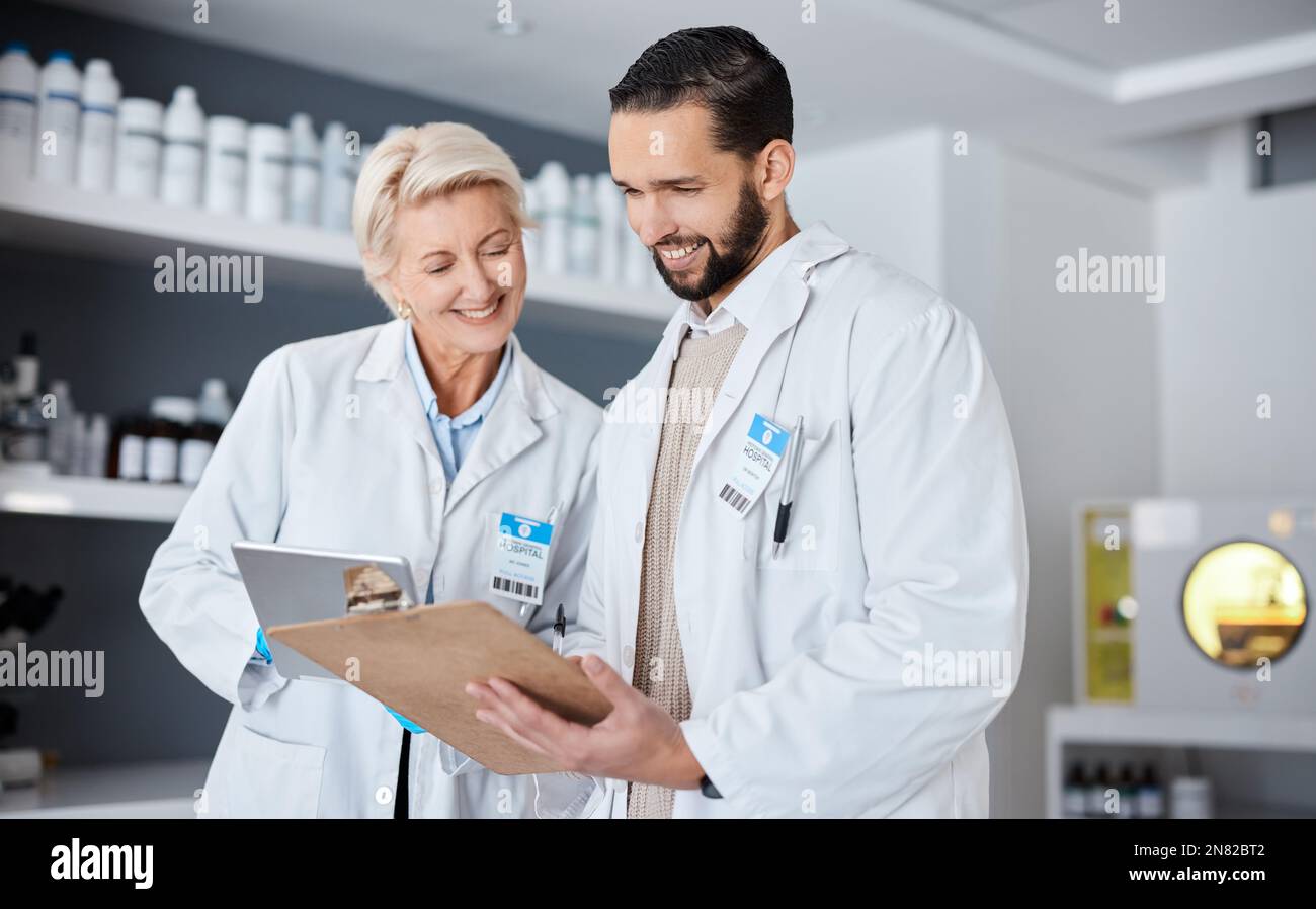 Science, research and team with clipboard and tablet in laboratory for ...