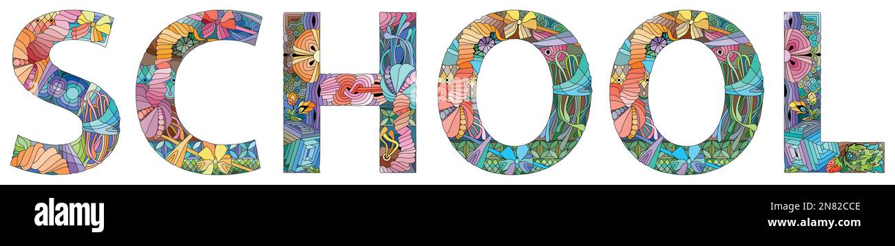 Hand-painted art design. Hand drawn illustration word SCHOOL for t ...