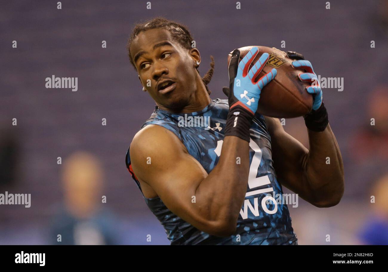 Arkansas receiver Cobi Hamilton runs a drill during the NFL football ...