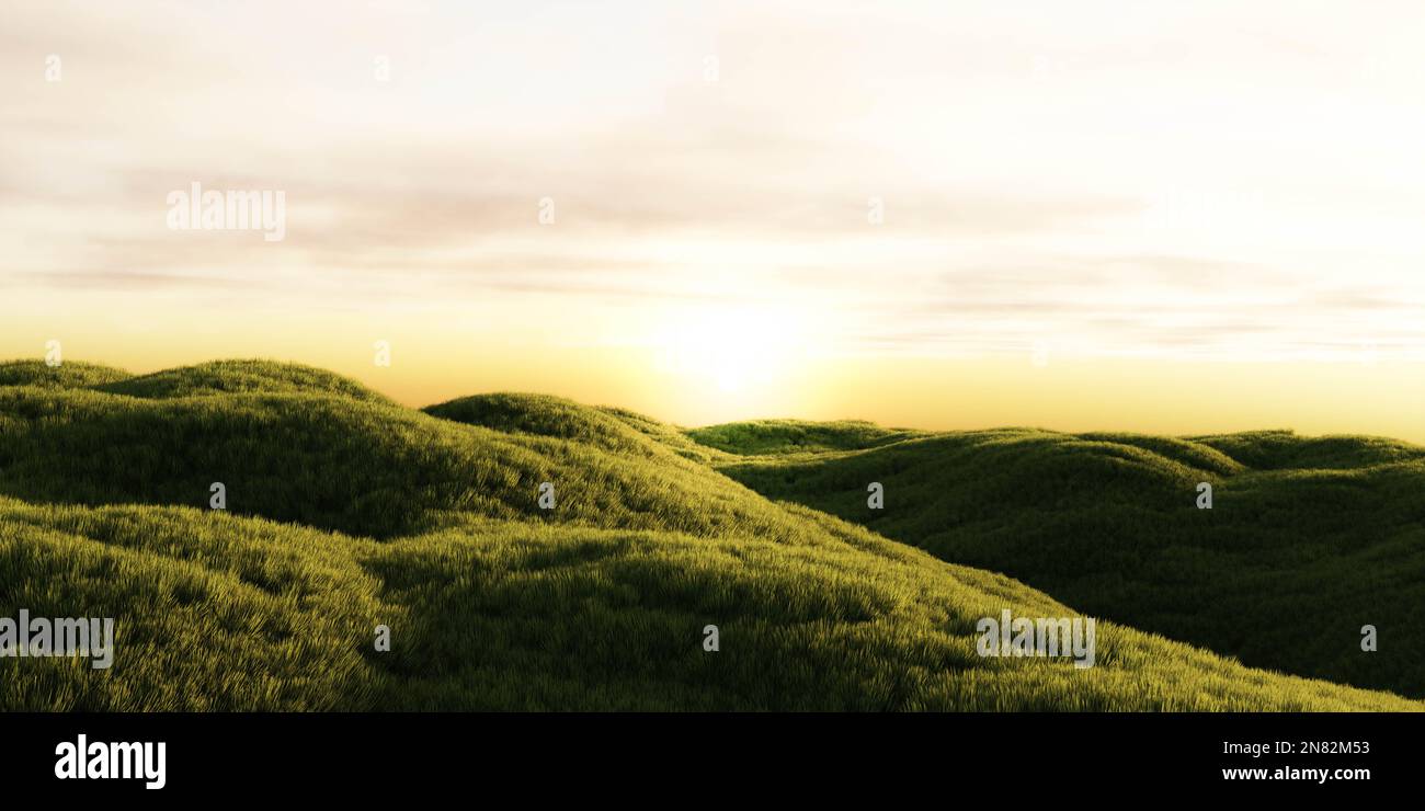 calm grass landscape with sun set sky and horizon 3d render ...