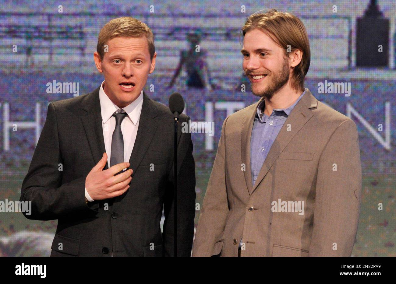 Actors Thure Lindhardt, left, and Zachary Booth speak onstage at the ...