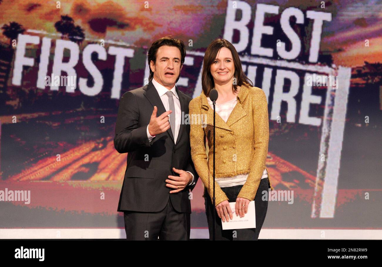 Actors Dermot Mulroney, left, and Emily Mortimer speak onstage at the ...