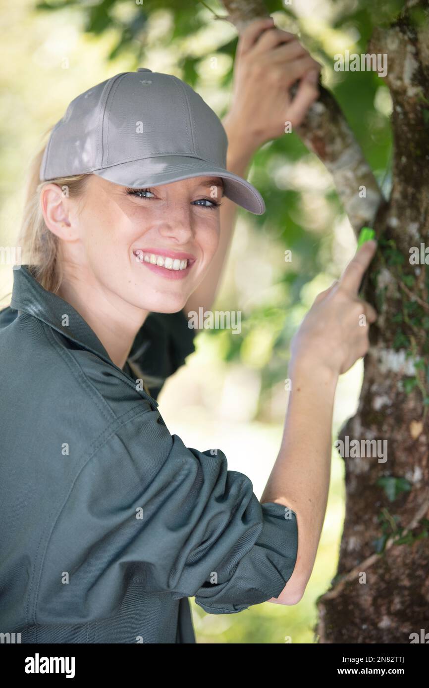 happy blond woman pruning a bush Stock Photo - Alamy