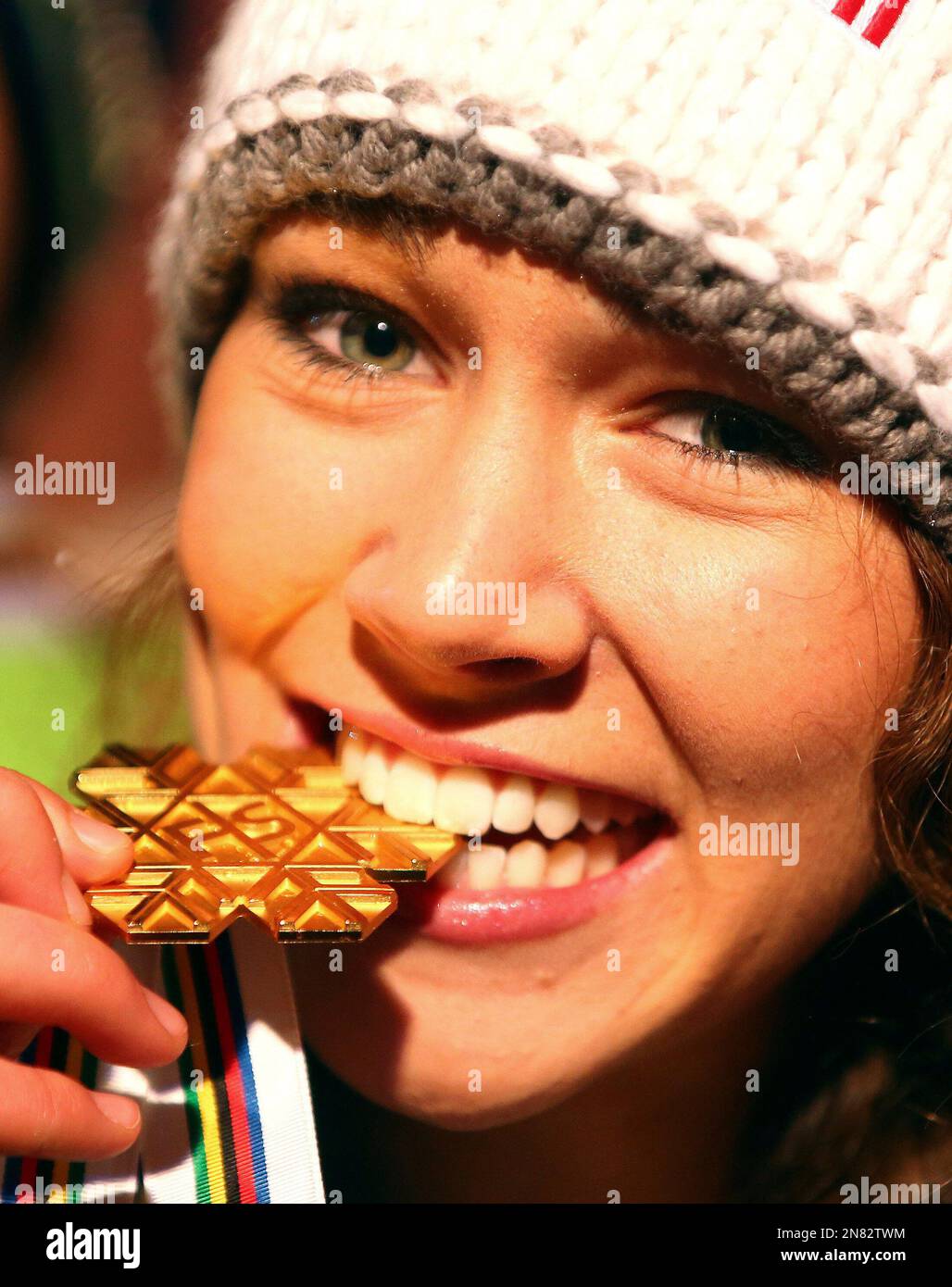Sarah Hendrickson, of the United States, poses with the gold medal she ...