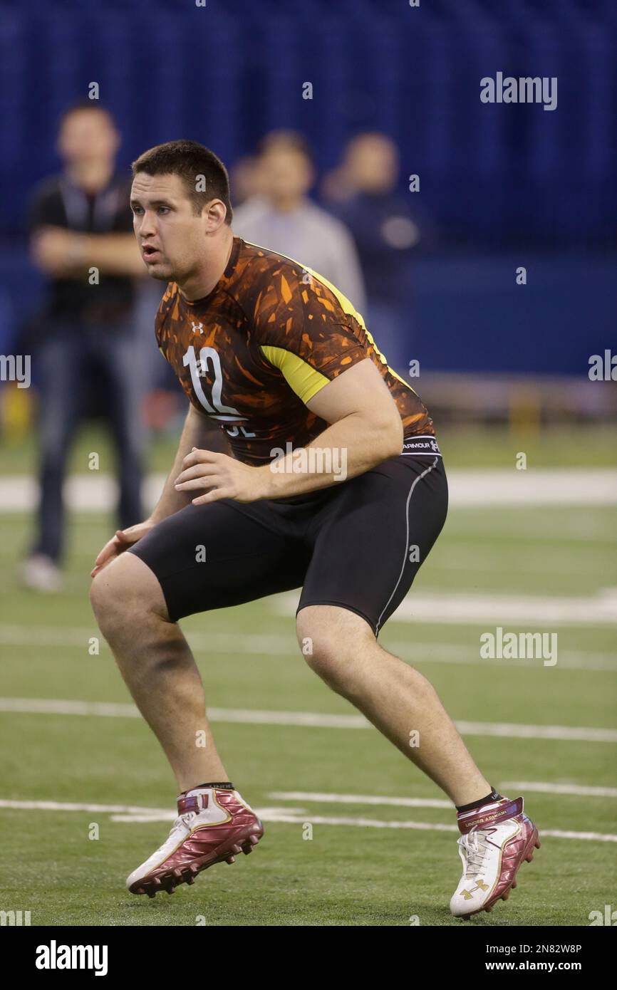 Boston College offensive lineman Emmett Cleary runs a drill during the ...
