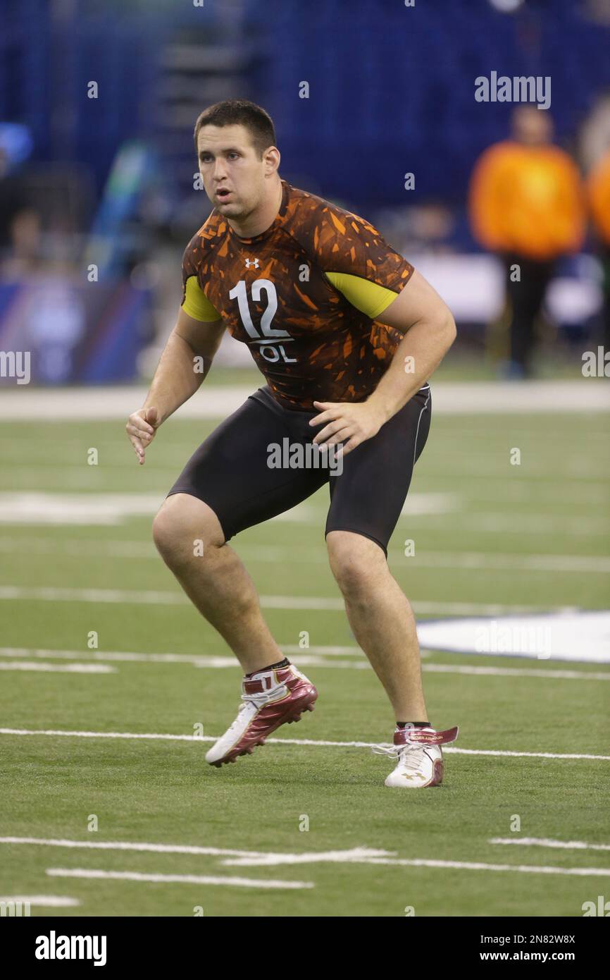 Boston College offensive lineman Emmett Cleary runs a drill during the ...
