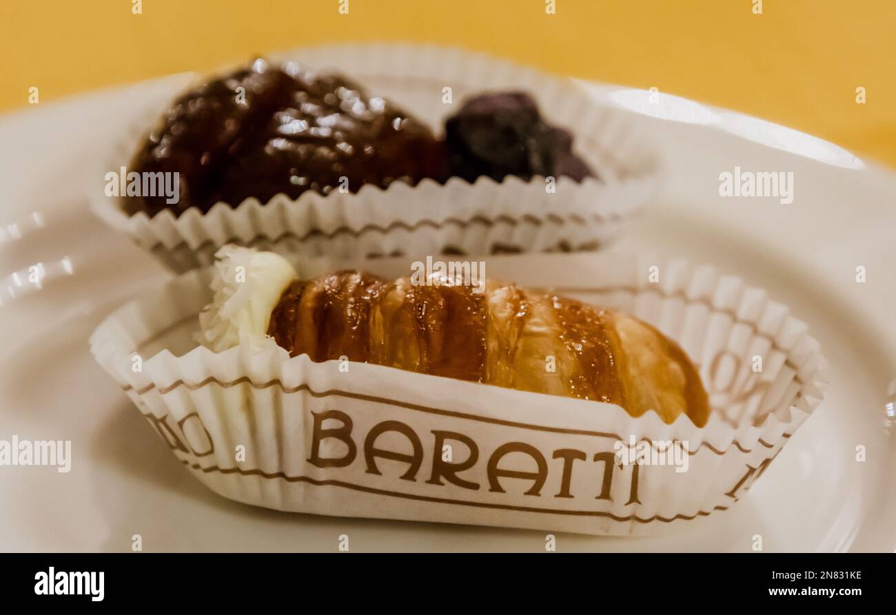 the historical coffee Baratti and Milano -Croissant close up on white ...