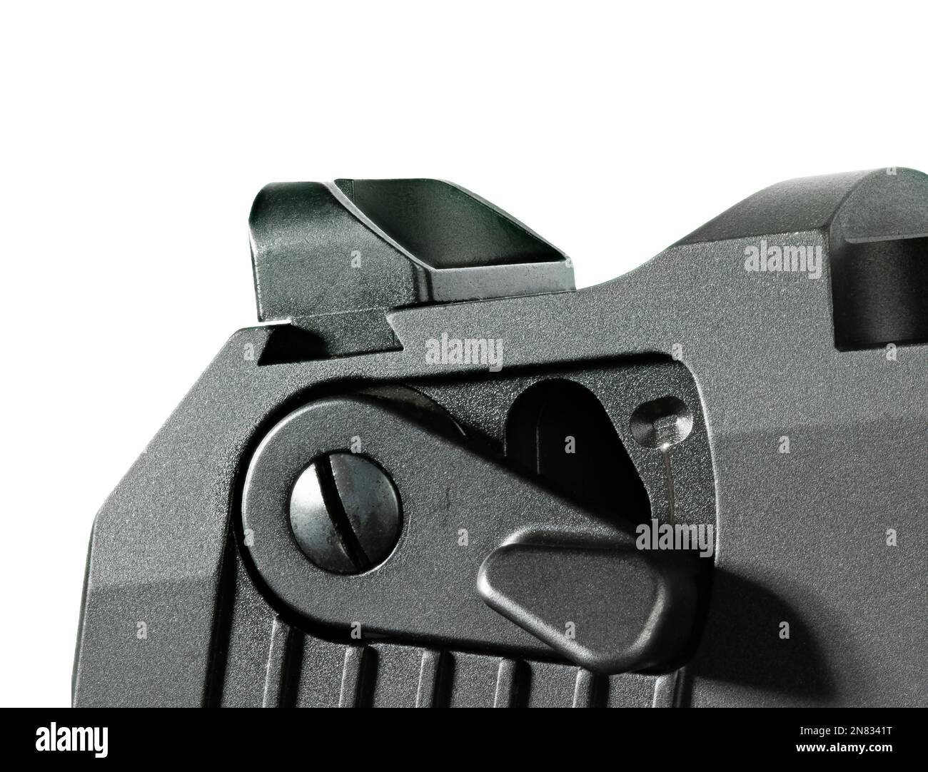 Isolated rear sight and safety on a semi-automatic pistol Stock Photo ...