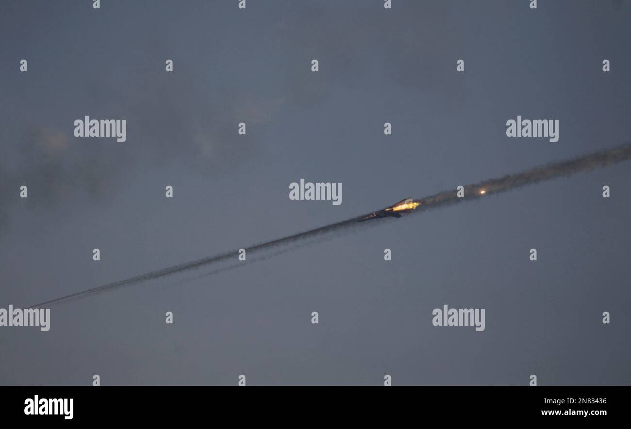 An Indian Air Force MiG 27 aircraft fires rockets towards a target ...