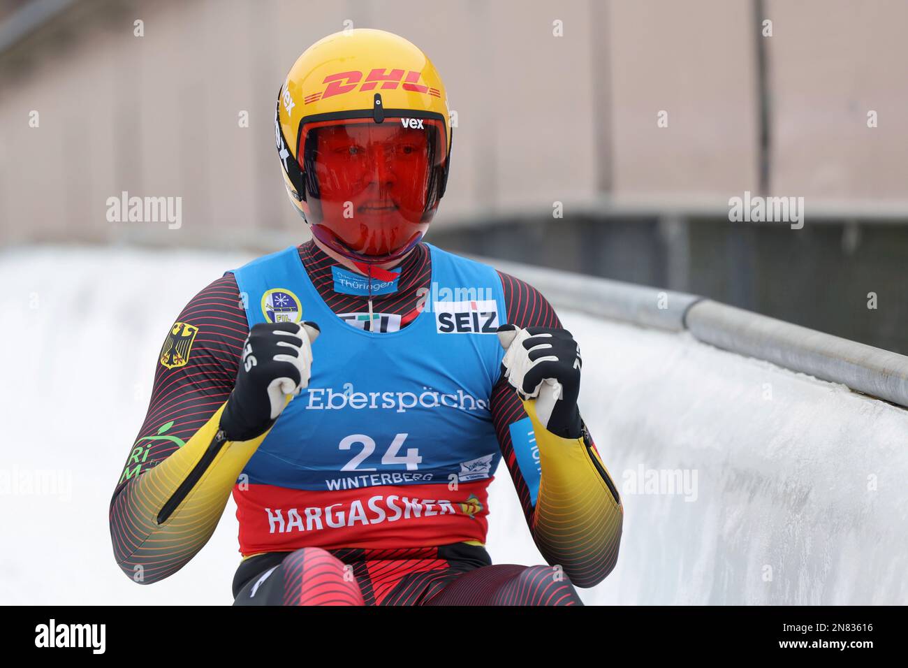Max Langenhan from Germany celebrates at the finish line after the ...