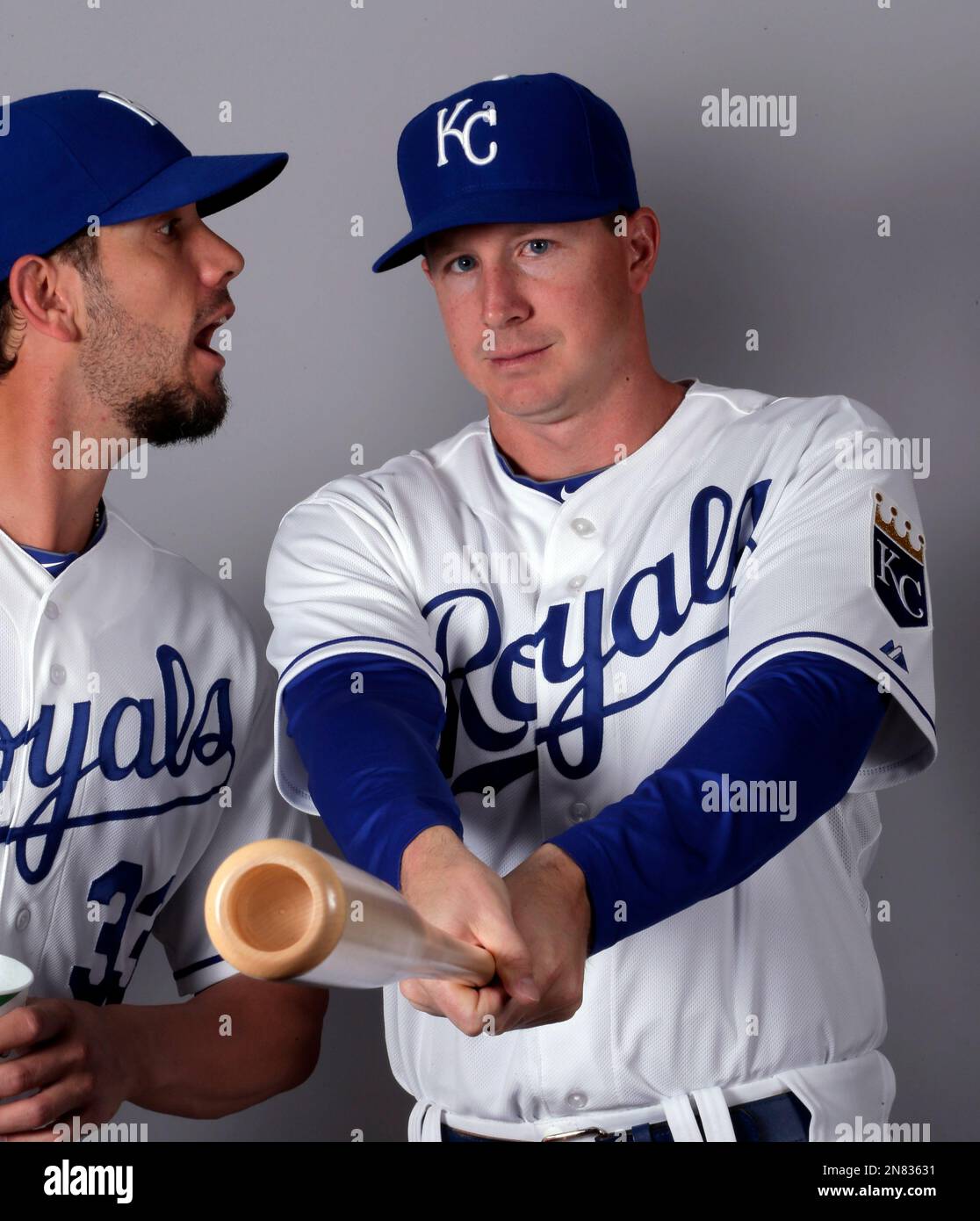 Kansas City Royals' James Shields, left, jokes with teammate Elliot ...