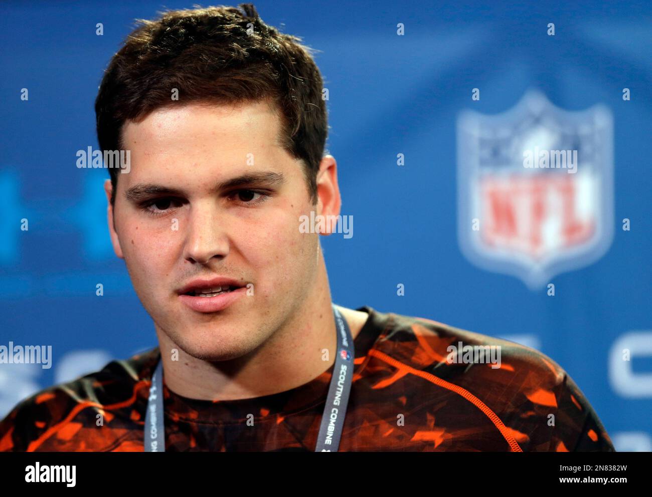 Texas A&M offensive lineman Luke Joeckel answers a question during a ...