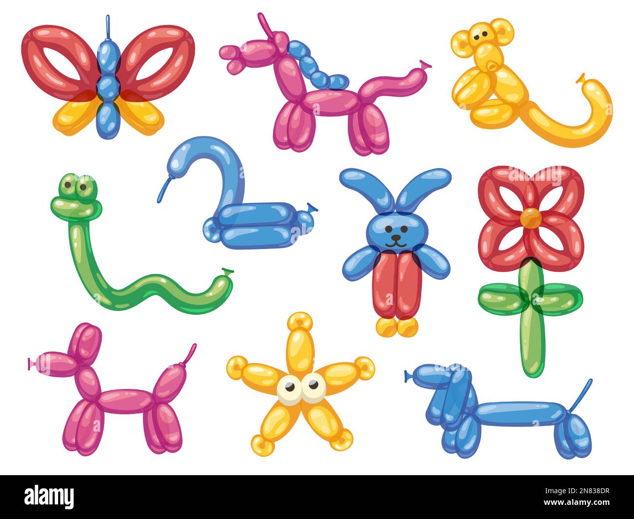 Balloon animals. Cartoon helium rubber dog butterfly horse monkey snake ...