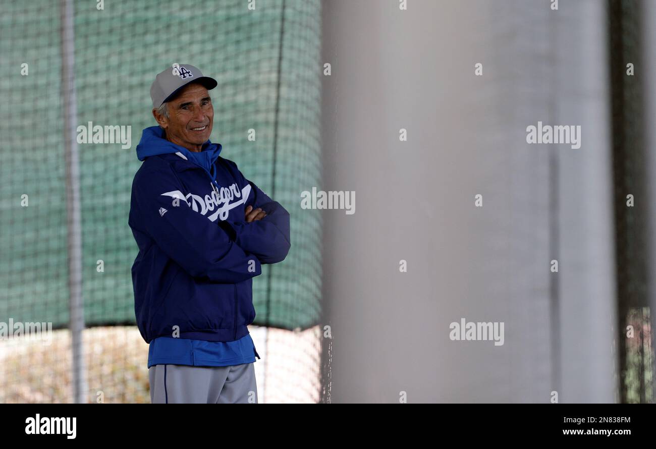 Los Angeles Dodgers Hall of Fame pitcher Sandy Koufax watches workouts ...