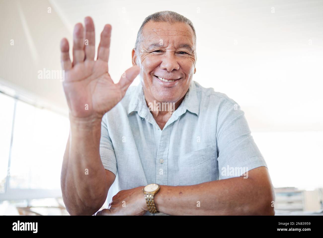 Senior man, hand and portrait for video call to wave hello for ...