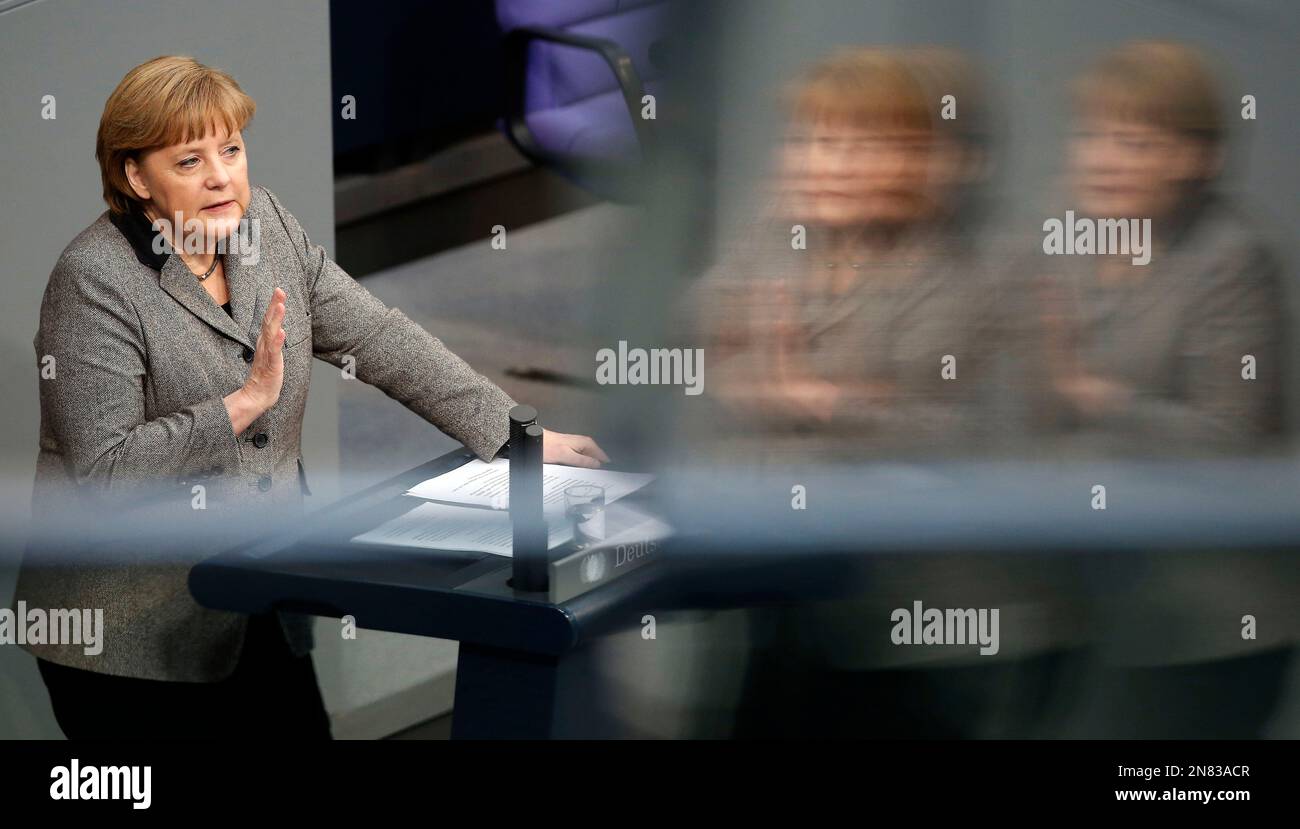 German Chancellor Angela Merkel gestures during a government statement ...