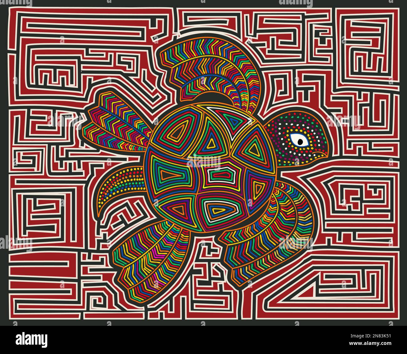 Sea turtle Mola Indian style composition, vector illustration Stock ...