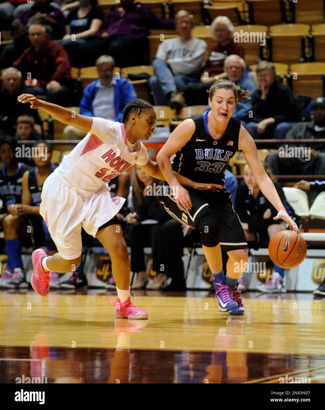 Duke's Haley Peters (33) drives on Virginia Tech's Alexis Lloyd (32 ...