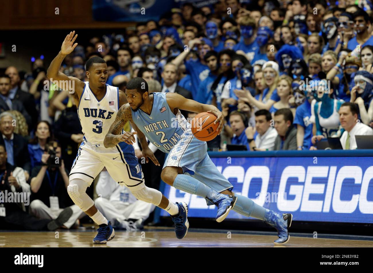 Duke's Tyler Thornton (3) defends as North Carolina's Leslie McDonald ...