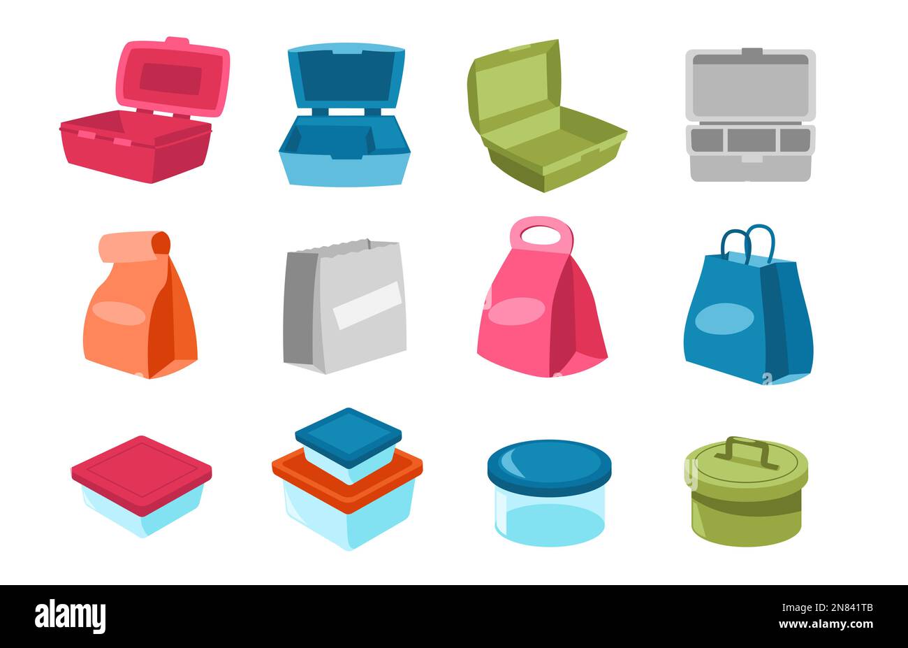 Lunchbox collection. Cartoon containers, disposable paper bags and ...