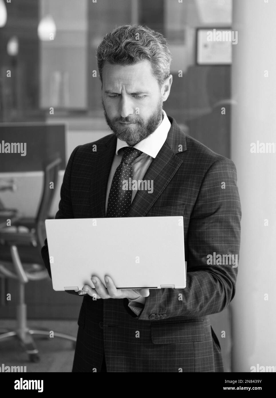 mature concentrated businessman work online on modern computer outside ...