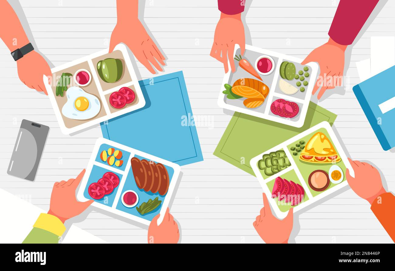 Hands with lunchbox. Arms holding containers with healthy food on table ...