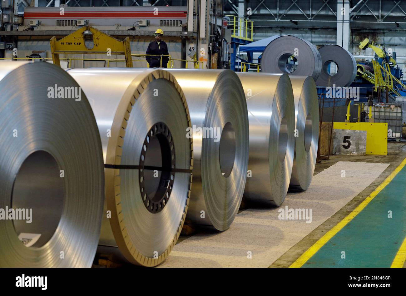 Finished galvanized steel coils await shipment at ArcelorMittal Steel's ...