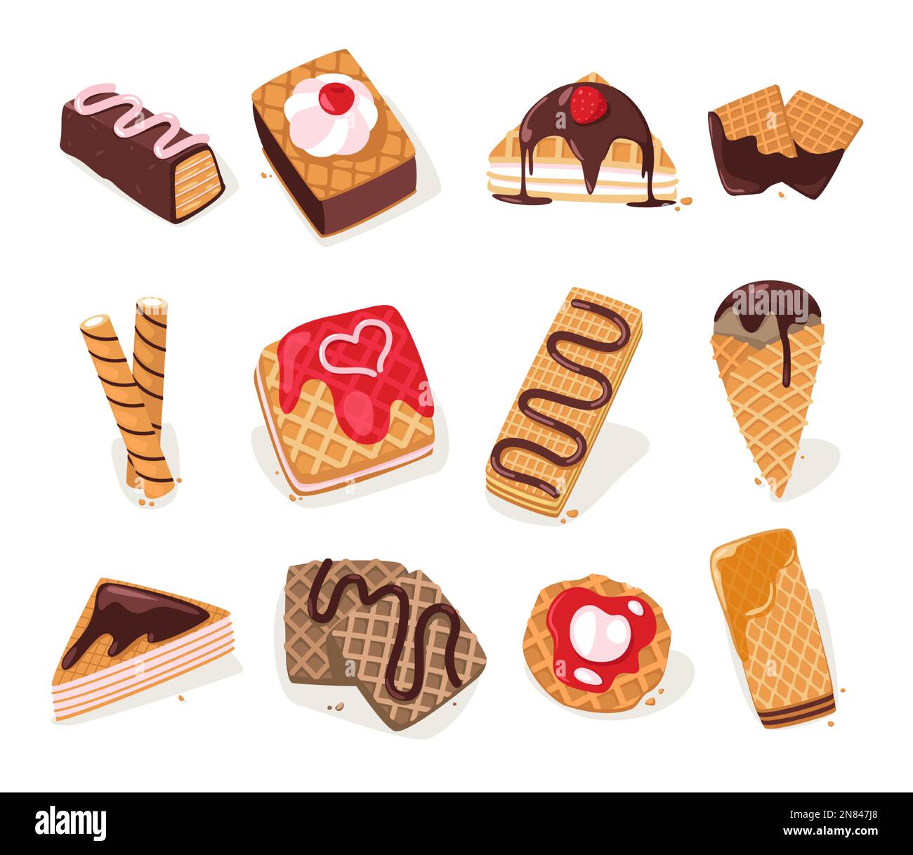 Waffle breakfast. Sweet crispy belgian wafer pastries with different ...