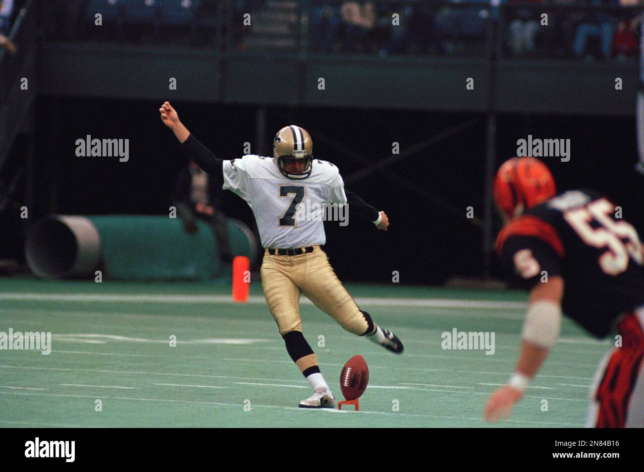 Morten Andersen, place kicker of the New Orleans Saints, is shown in ...