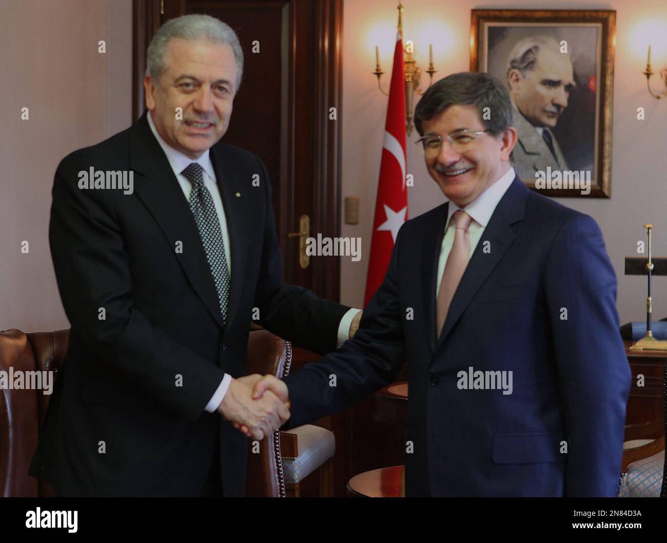 Greek Foreign Minister Dimitris Avramopoulos, left, and his Turkish ...