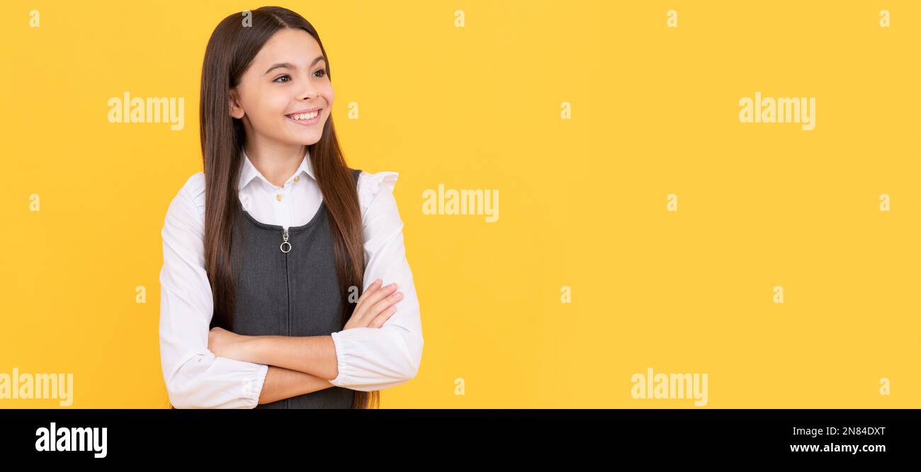 Feeling confident in her future. Confident girl smile yellow background ...