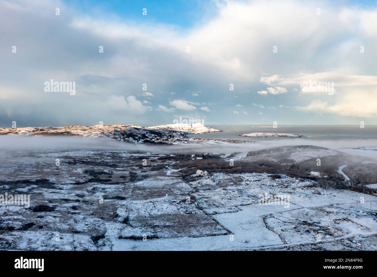 Aerial view of snow covered Portnoo in County Donegal, Ireland Stock ...