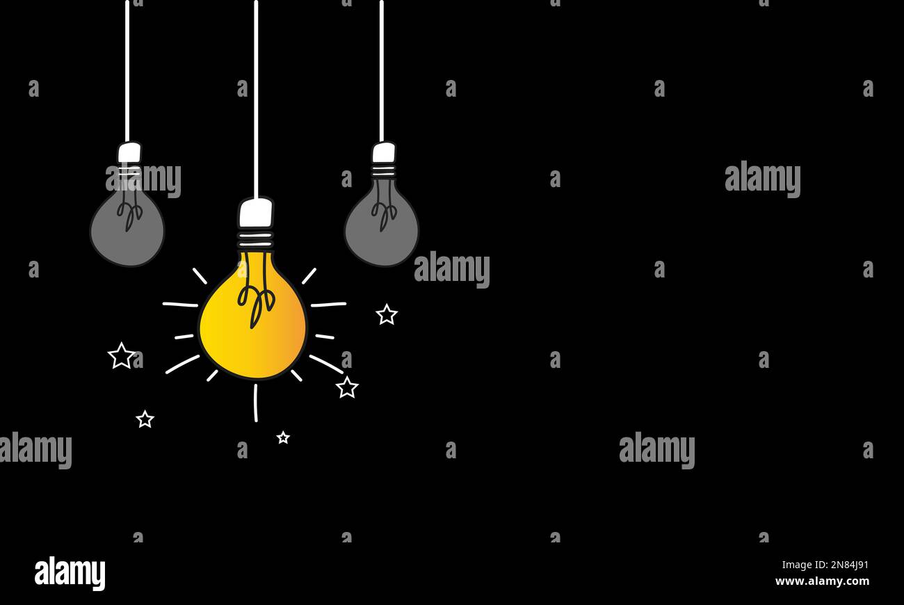 Black background with group of light bulbs, lighted bulb protruding in ...