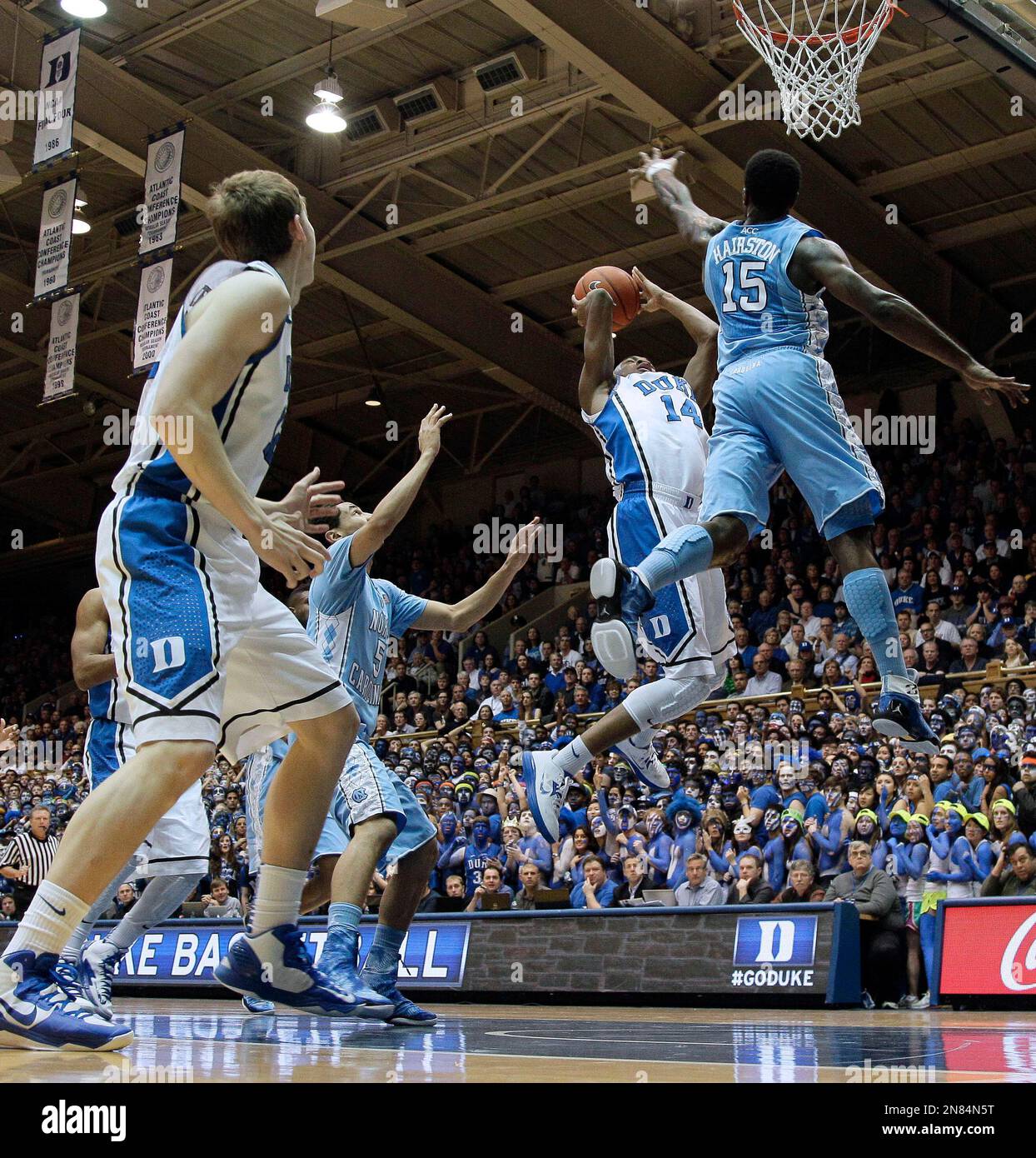 Duke's Rasheed Sulaimon (14) drives to the basket as North Carolina's P ...