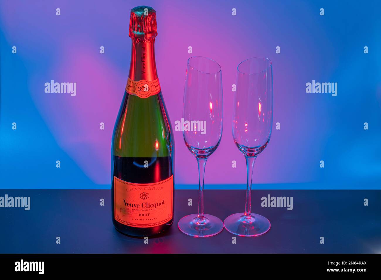 Close up view of bottle of French brut Veuve Clicquot champagne and two ...