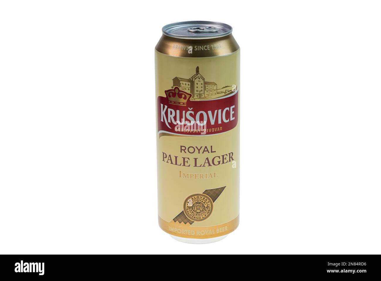 Close up view of can of Czech beer Krusovice isolated on white ...