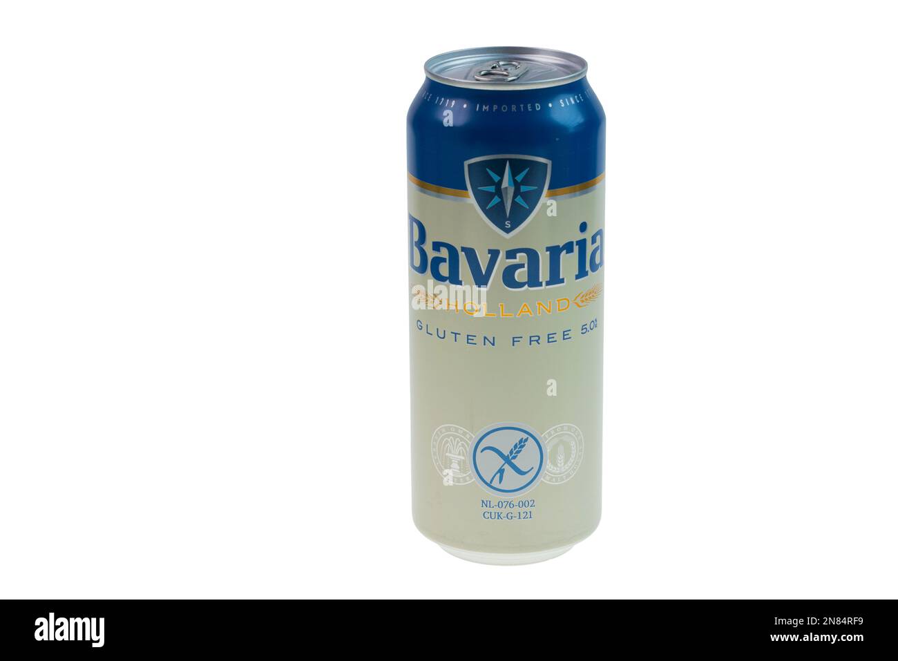 Close up view of can of Holland beer Bavaria isolated on white ...