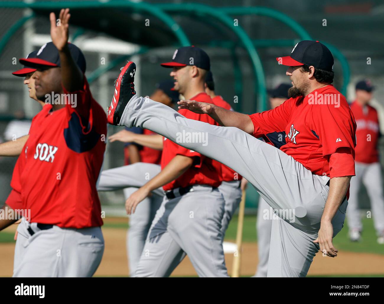 Boston Red Sox pitcher Joel Hanrahan does a high-leg kick as he ...
