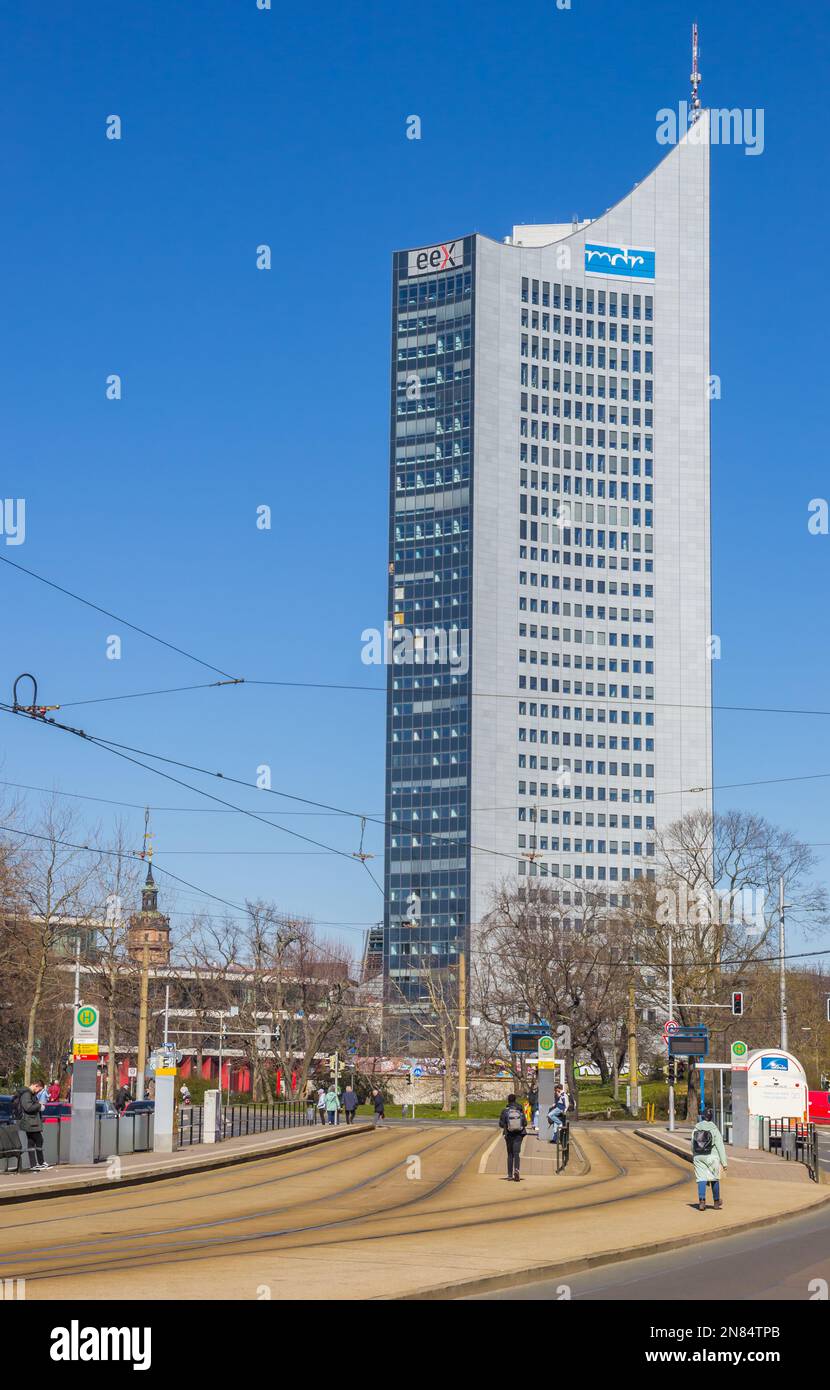 Bus stop in front of the panorama tower in Leipzig, Germany Stock Photo ...
