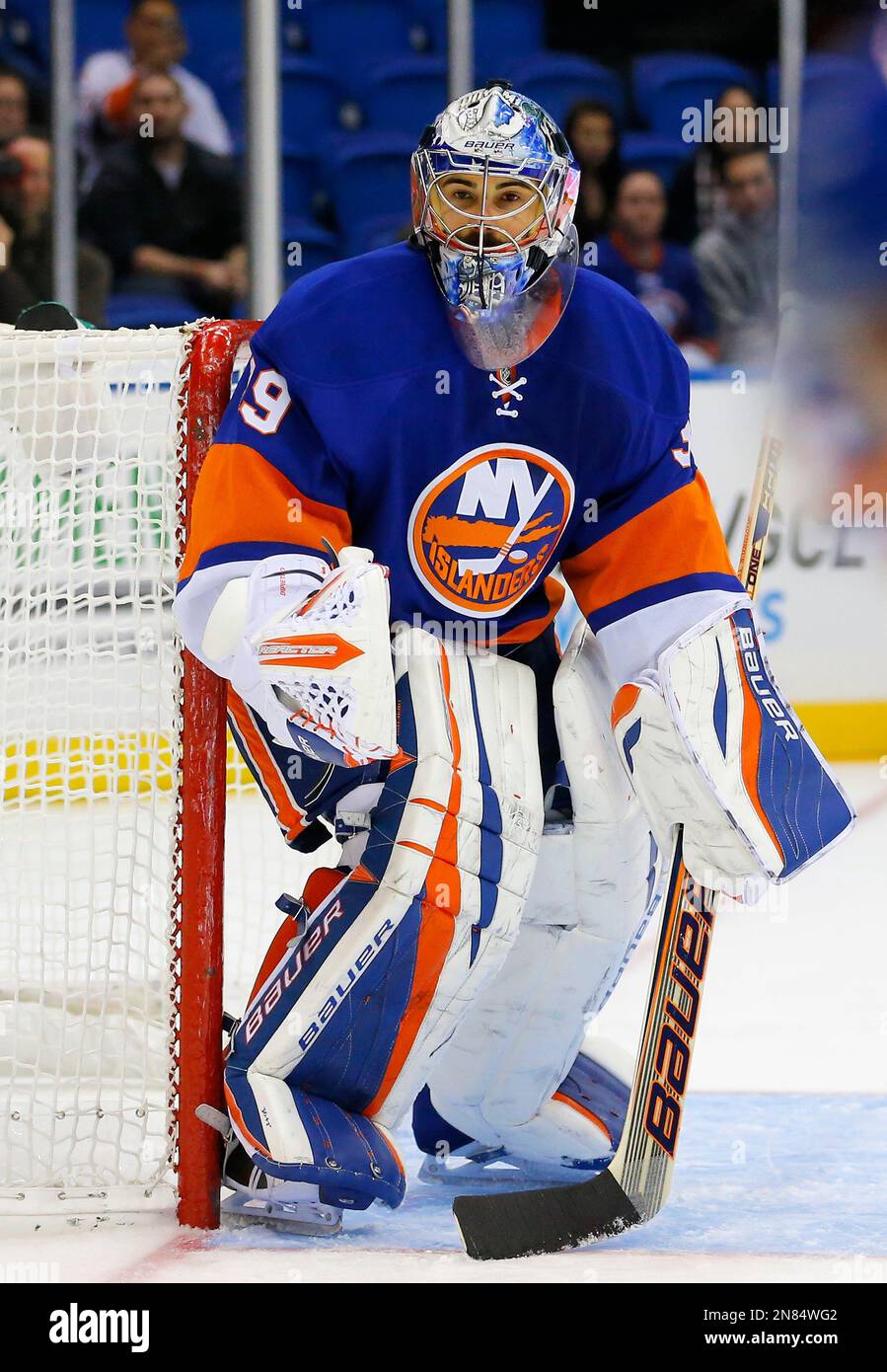 New York Islanders goalie Rick DiPietro (39) protects the goal during ...