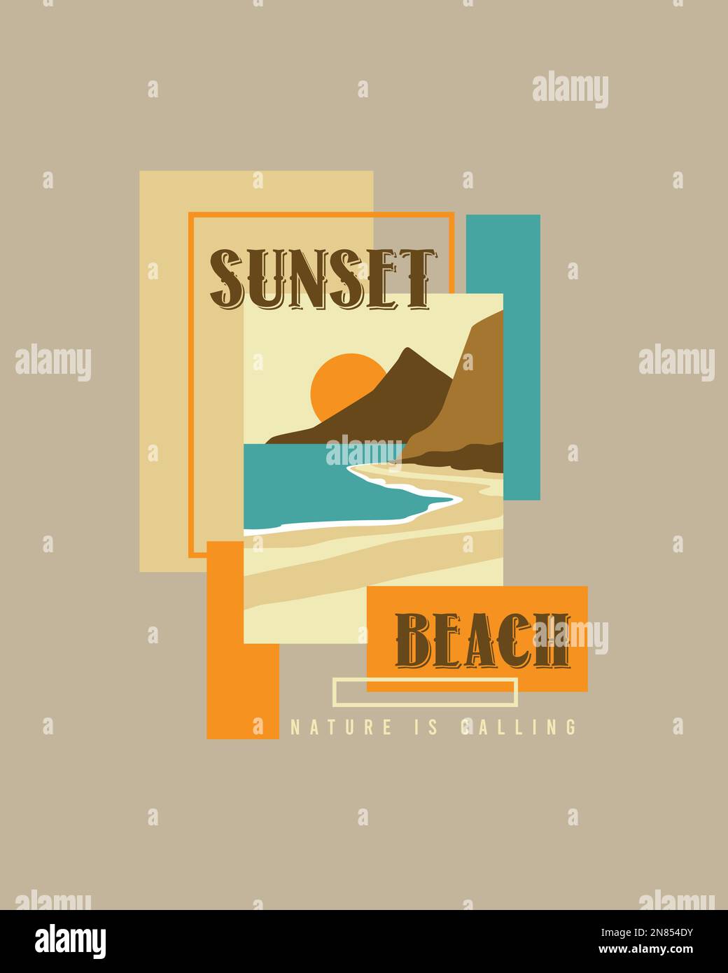 Retro Sunset Beach nature scenery art typography geometrical poster ...