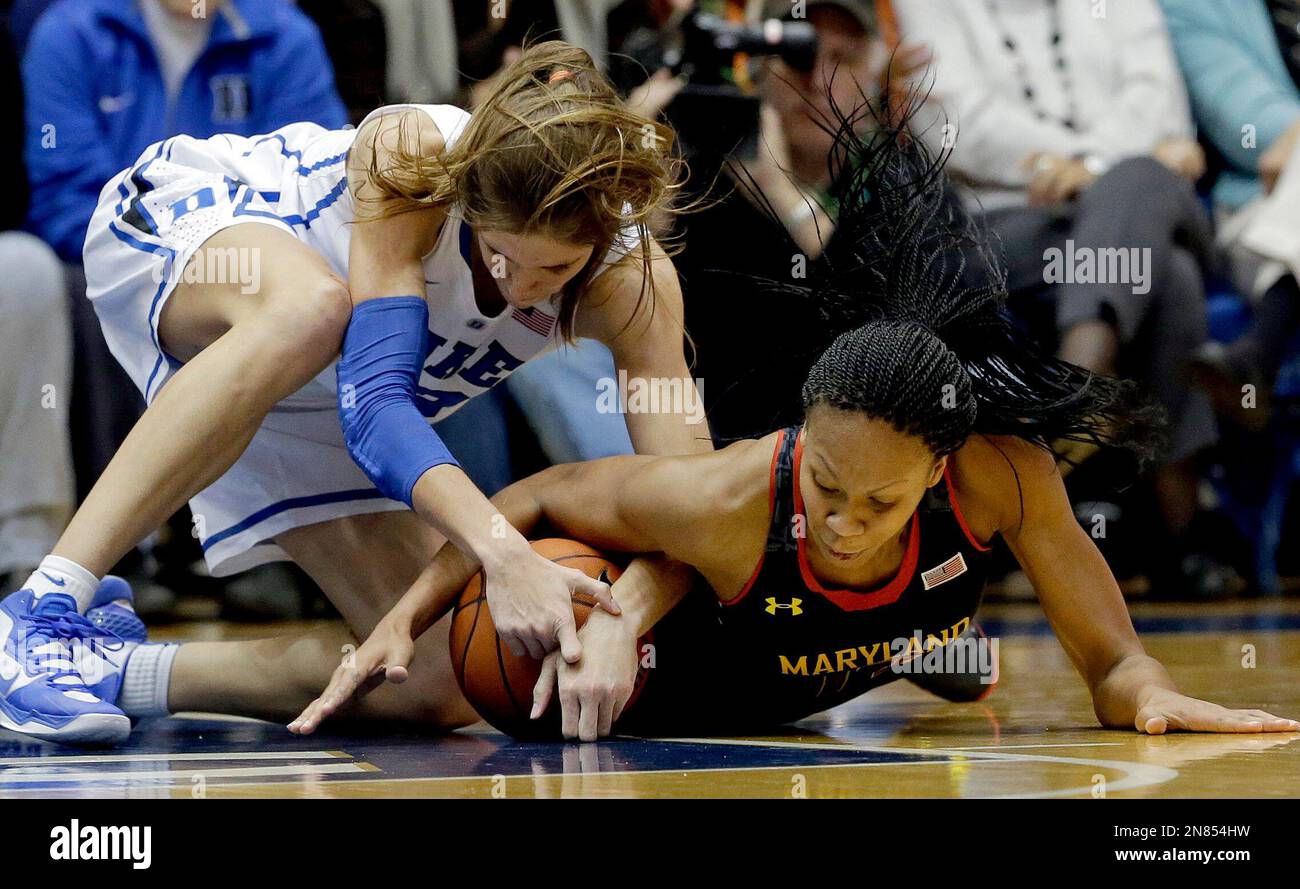 Duke's Allison Vernerey, left, and Maryland's Alicia DeVaughn struggle ...