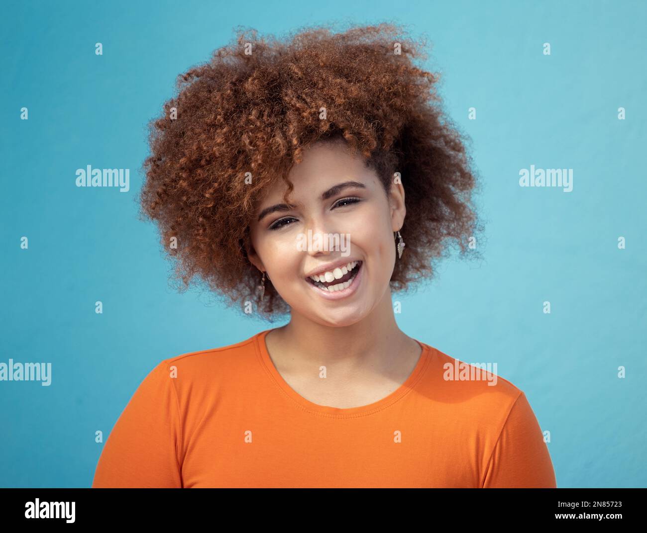Black woman, portrait smile and afro for profile, vision hair style ...