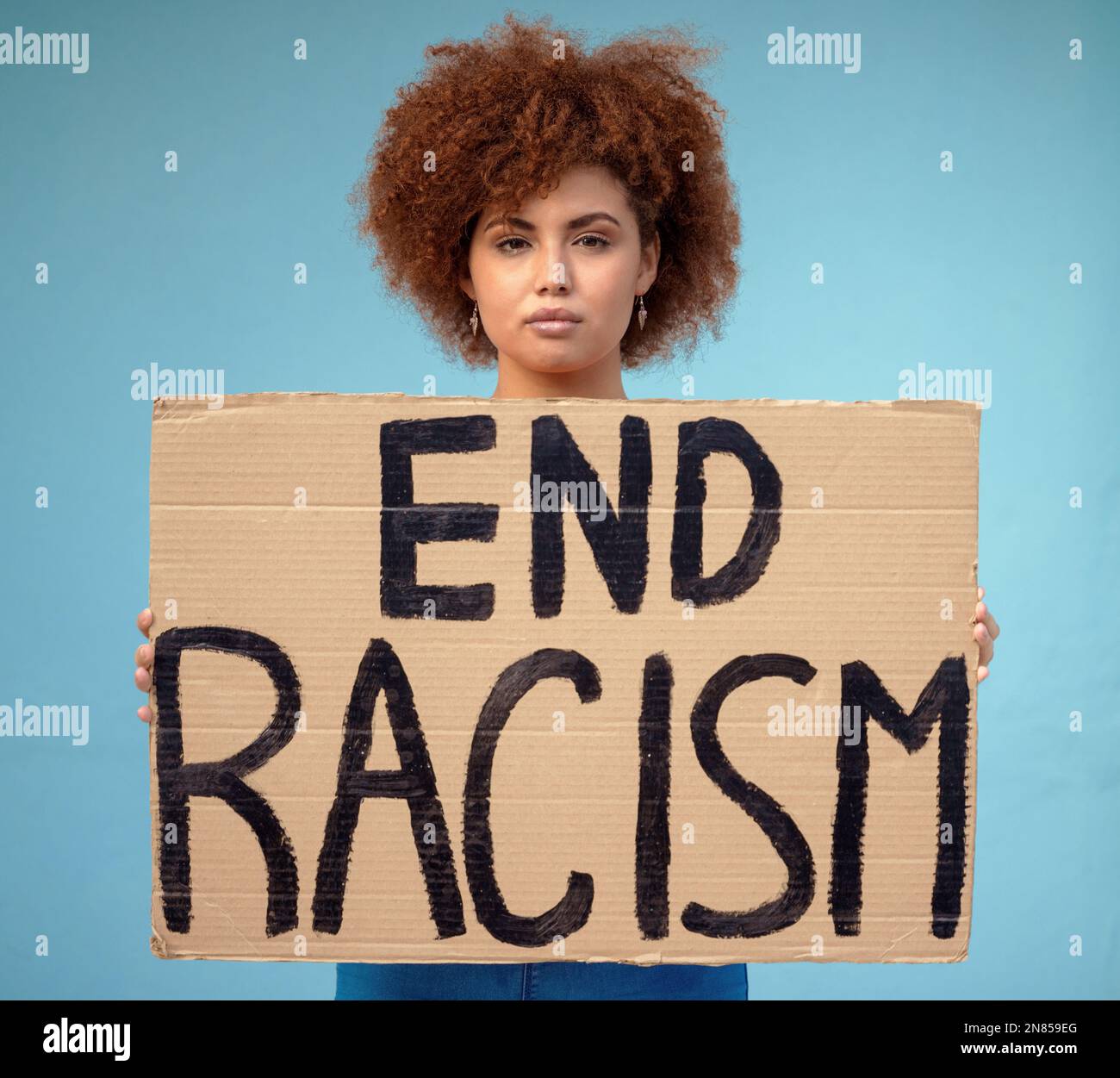 Poster, political and portrait of a woman in a studio for a protest for ...