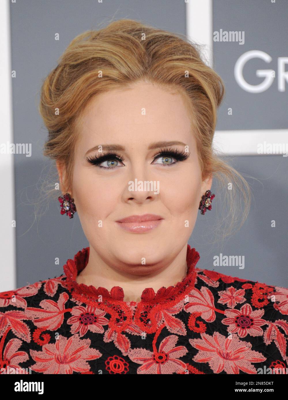 Adele arrives at the 55th annual Grammy Awards on Sunday, Feb. 10, 2013 ...