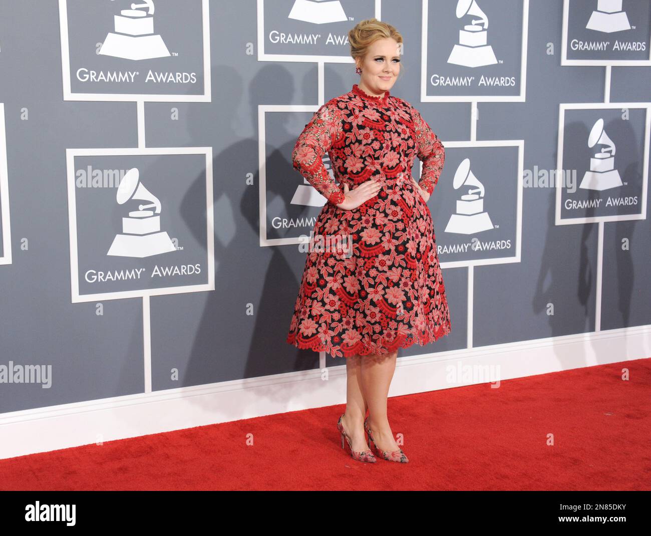 Adele arrives at the 55th annual Grammy Awards on Sunday, Feb. 10, 2013 ...