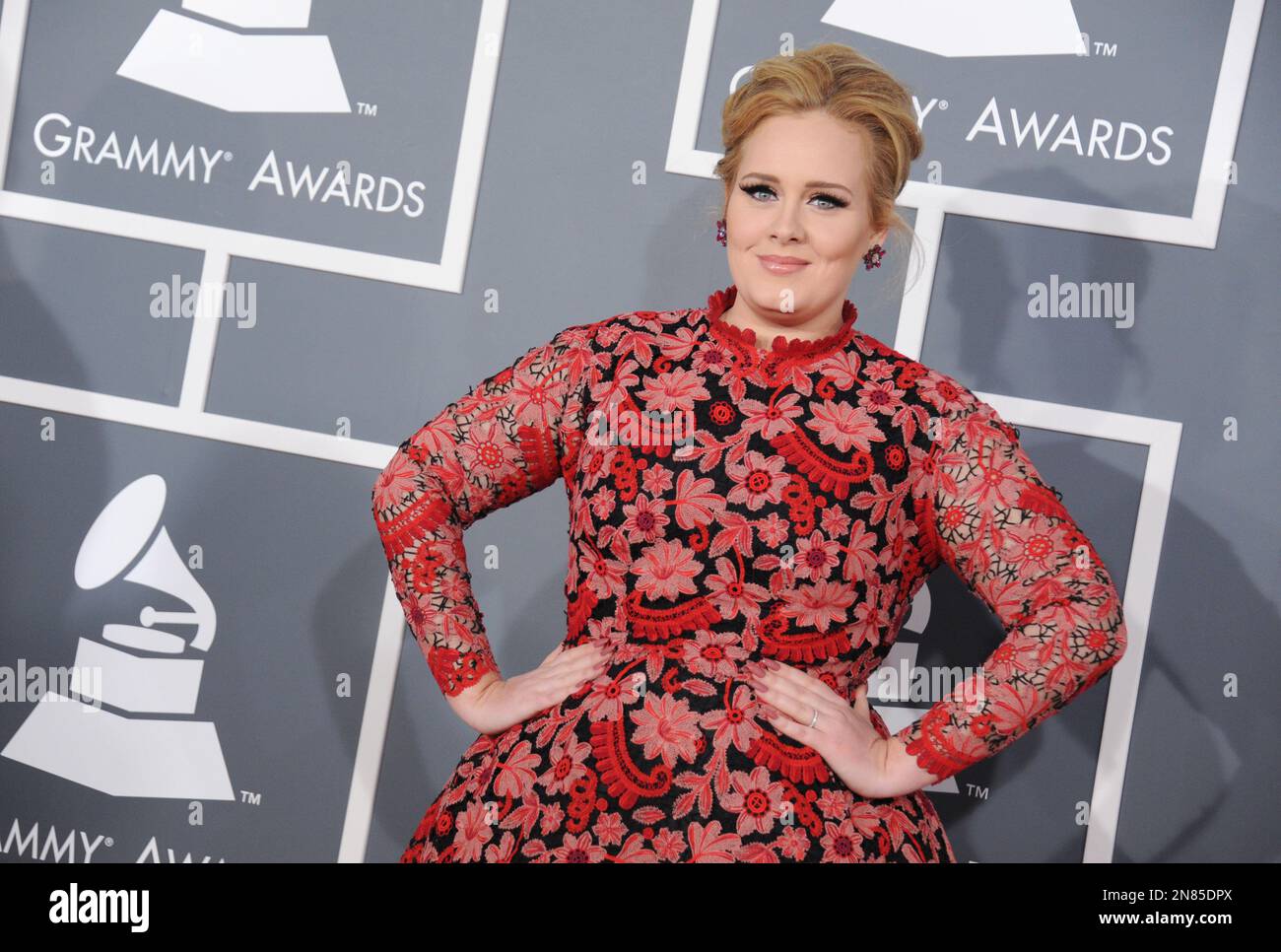 Adele arrives at the 55th annual Grammy Awards on Sunday, Feb. 10, 2013 ...