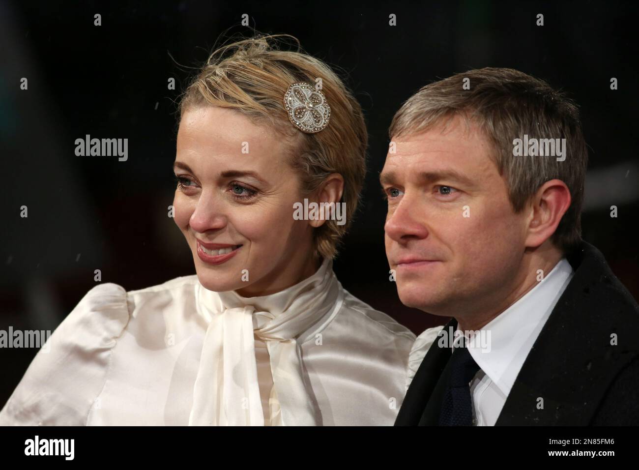 Amanda Abbington, left, and British actor Martin Freeman arrive for the ...